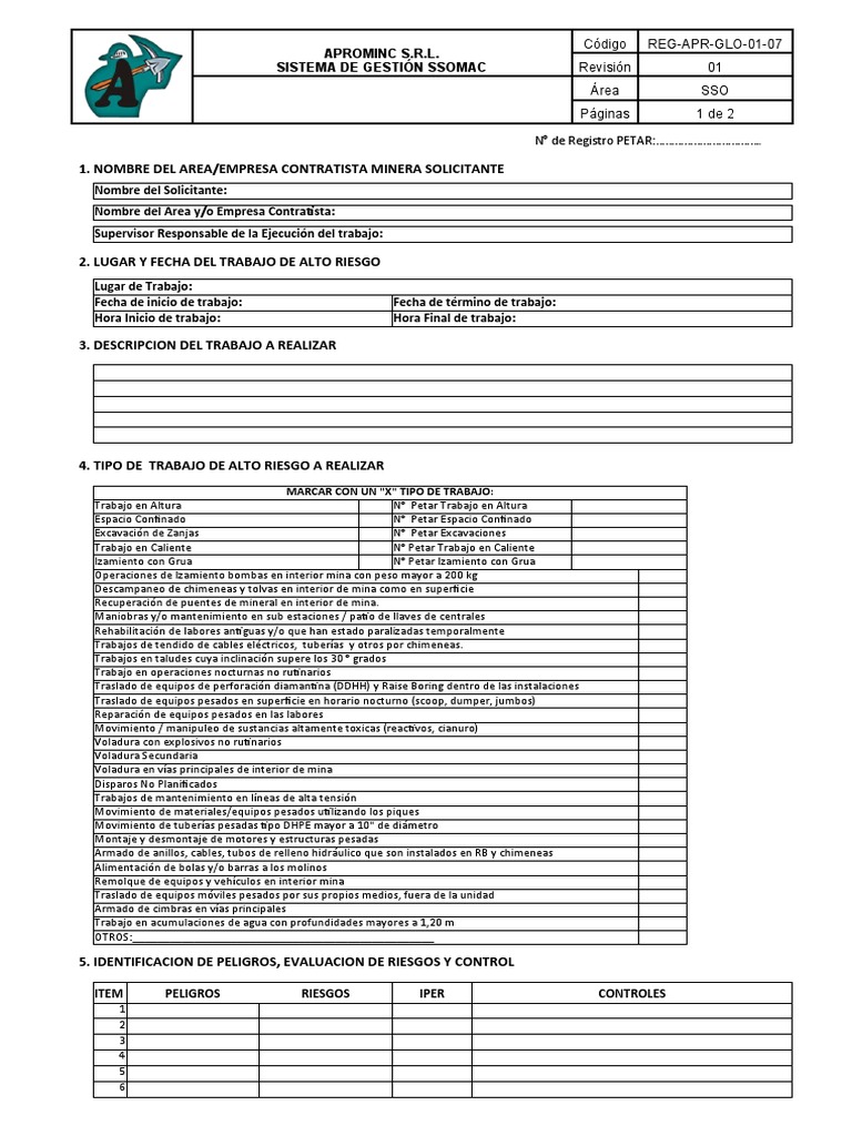 Reg-Apr-glo-01-07 Permiso de Alto Riesgo - Petar | PDF | Minería ... Reg-Apr-glo-01-07 Permiso de Alto Riesgo - Petar | PDF | Minería ...