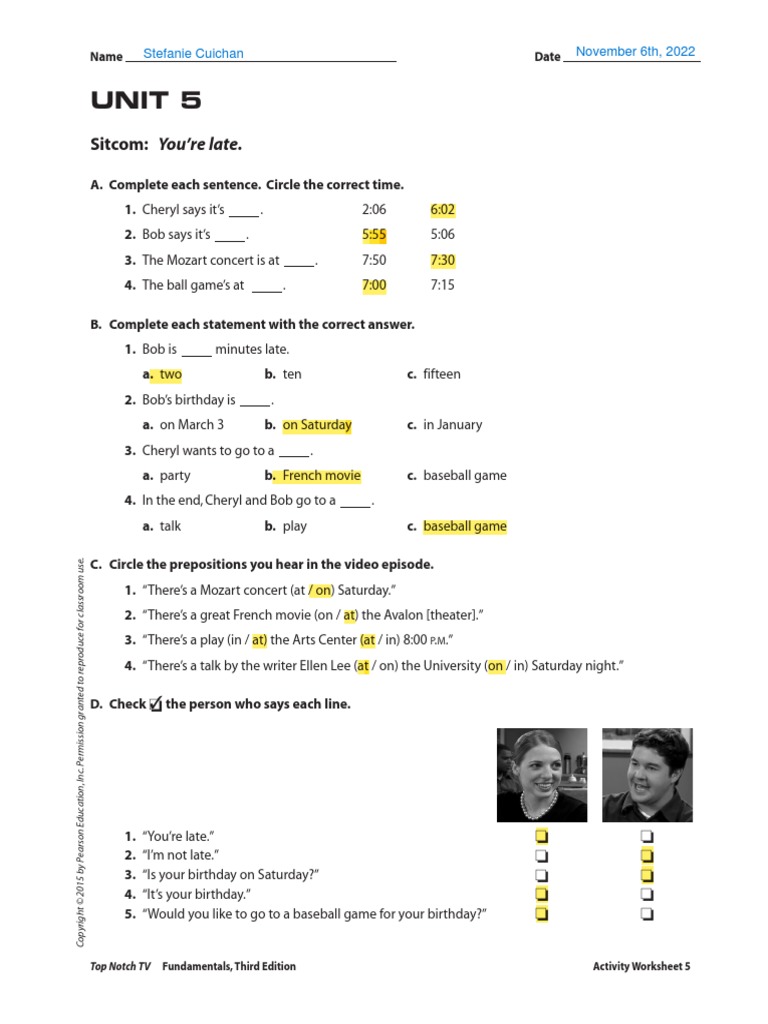 Homework 2 - Top Notch Videos and Worksheet - Unit 5 | PDF