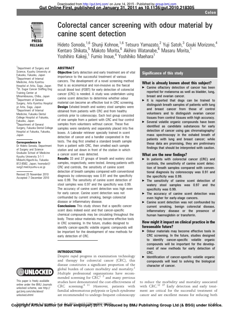Colorectal Cancer Screening With Odour Material by Canine Scent ... Colorectal Cancer Screening With Odour Material by Canine Scent ...