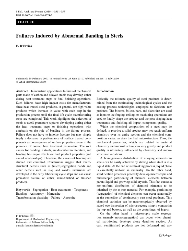 Failures Induced by Abnormal Banding in Steels - D'errico2010 | PDF ...