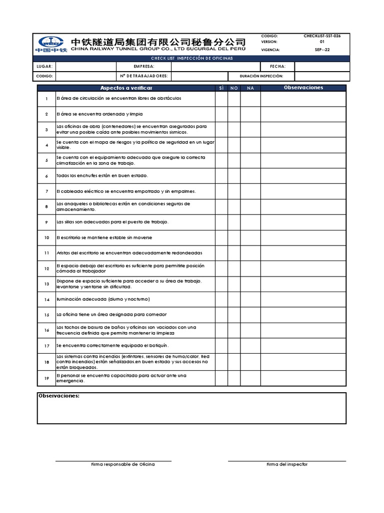 CHECKLIST-SST-026 Check List de Oficinas | PDF | Seguridad y salud ...
