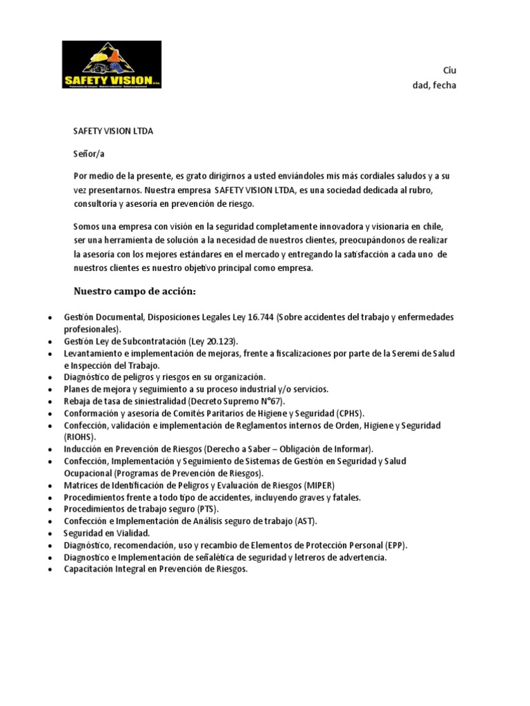 Carta de Presentacion Safety Vision Ltda | PDF
