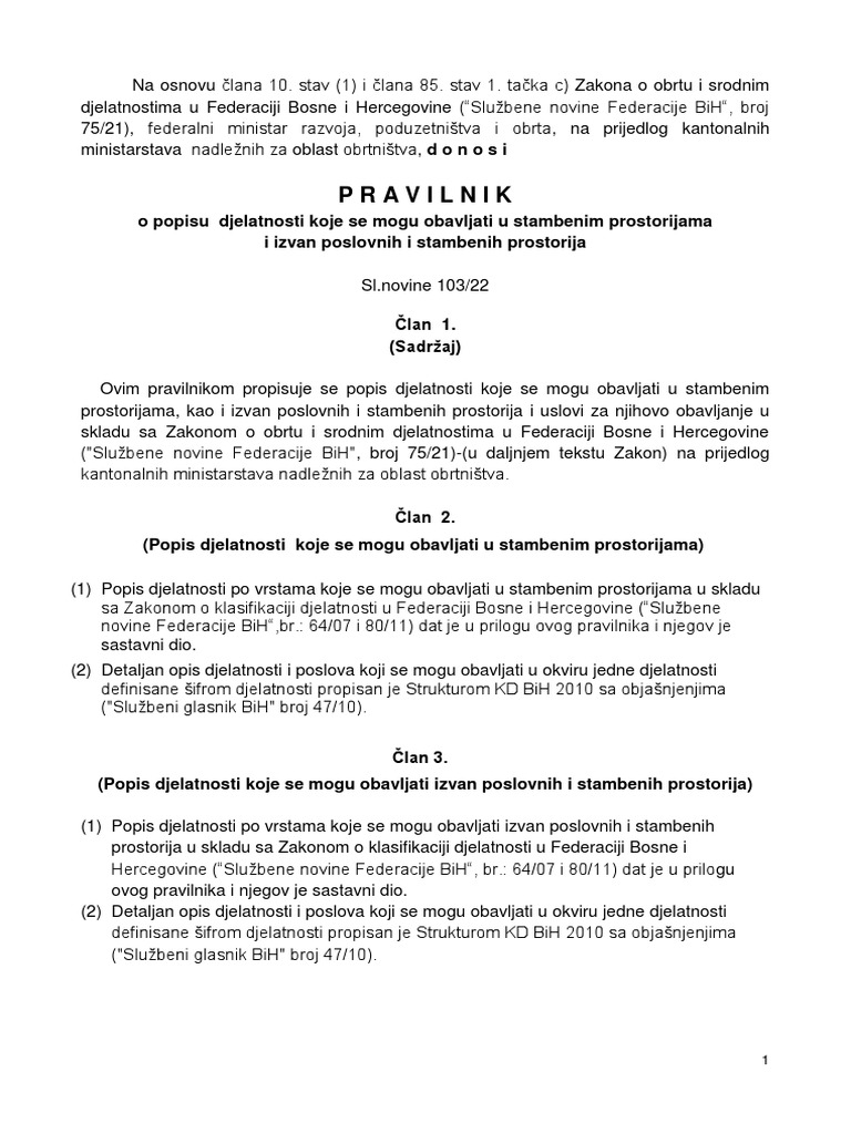 Pravilnik o Popisu Djelatnosti Koje Se Mogu Obavljati U Stamb. Prost. I Izvan Stamb | PDF