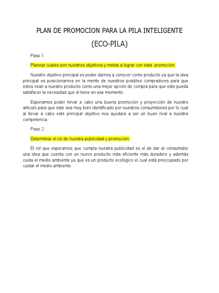 Plan de Promocion para La Pila Inteligente | PDF