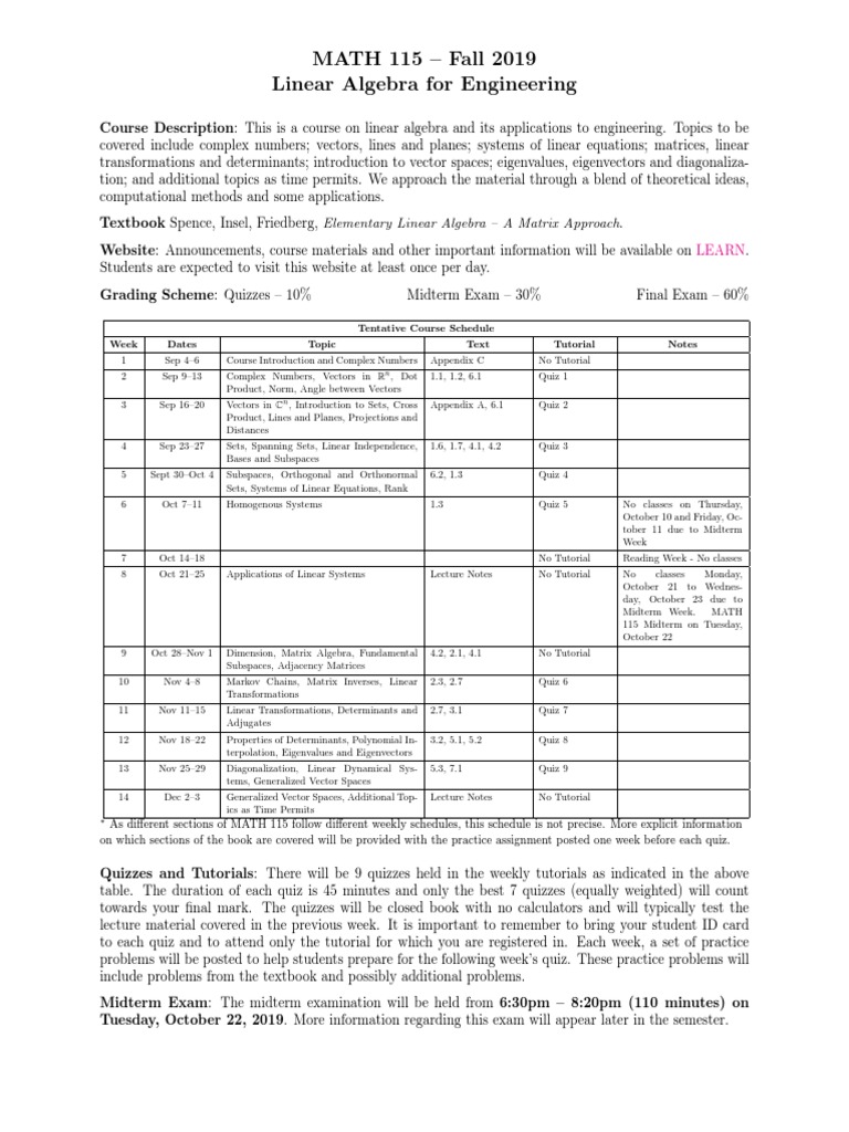 MATH115F19Outline PDF | PDF | Linear Algebra | Eigenvalues And Eigenvectors