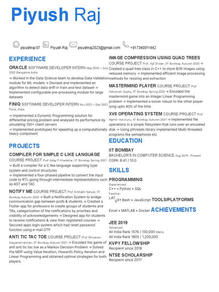 Piyush Raj CV | PDF | Compiler | Software