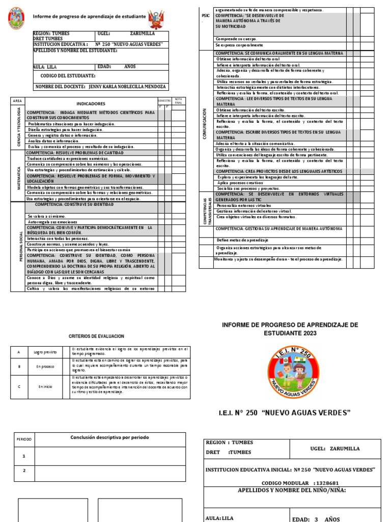 Informe de Progreso de Aprendizaje de Estudiante - 3-4-5 AÑOS | PDF