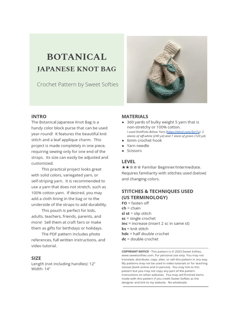Sweet Softies Botanical Japanese Knot Bag | PDF | Crochet | Yarn
