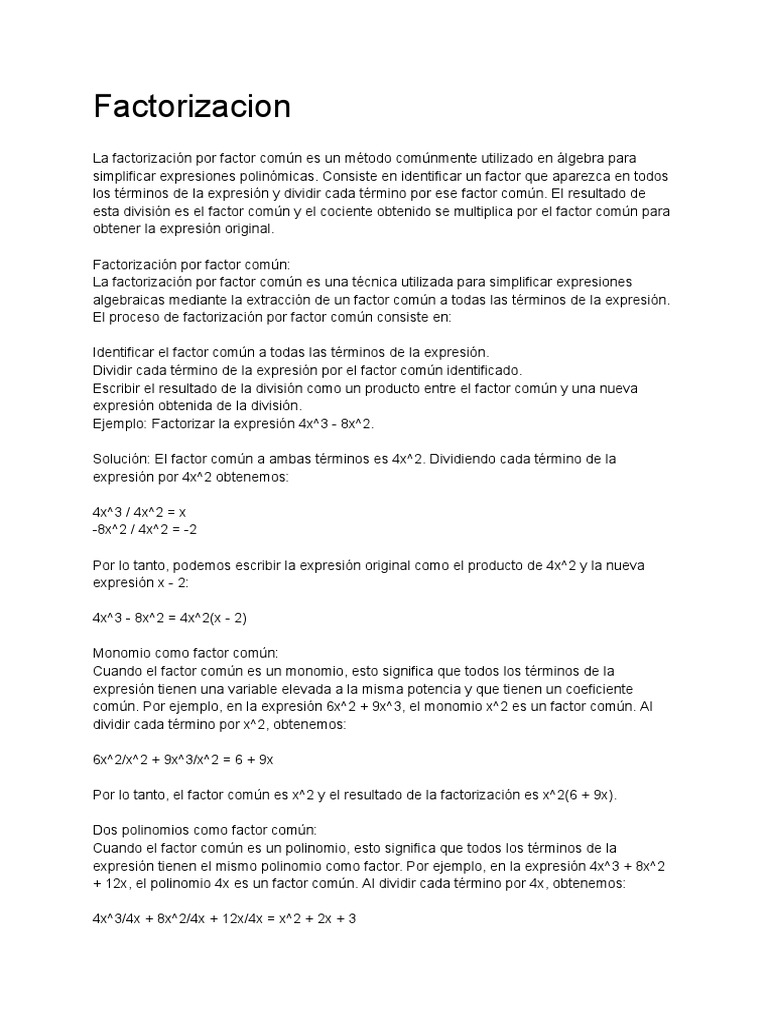 Factorizacion Por Factor Comun | Descargar gratis PDF | Factorización | Análisis numérico