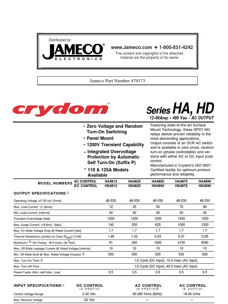 Crydom HD4850 10 Datasheet | PDF | Alternating Current | Relay