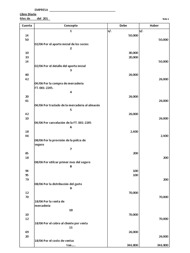 Libro Diario en Excel: Ejercicios Resueltos | PDF