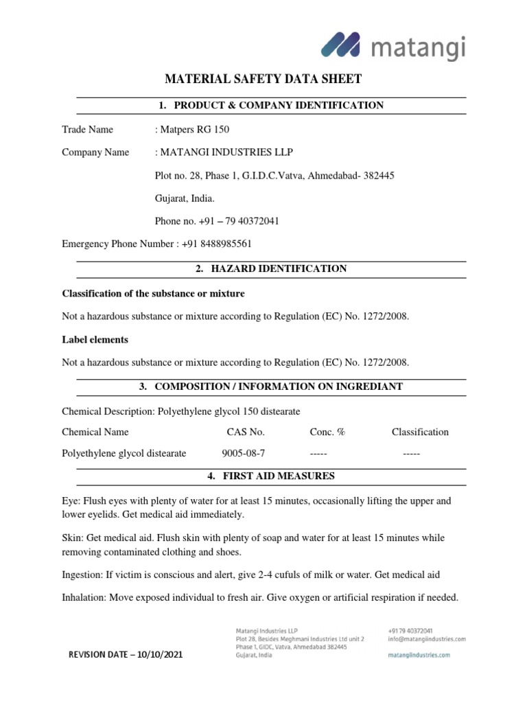 MSDS of Matpers RG 150 | PDF | Water | Personal Protective Equipment