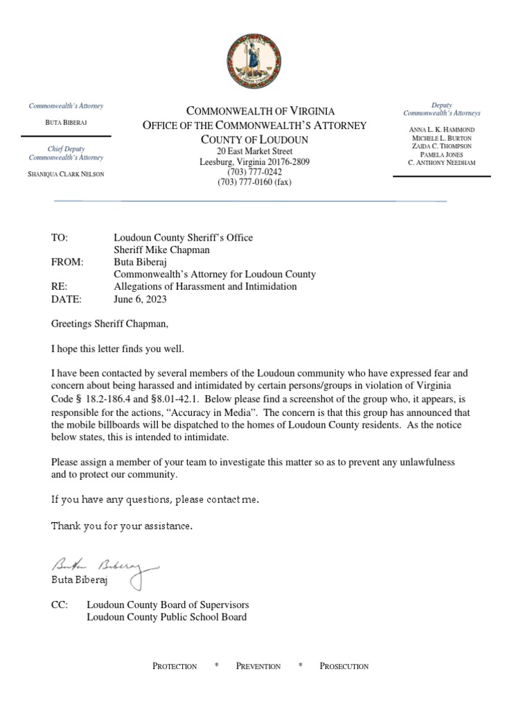 Biberaj Letter To Chapman Re Accuracy in Media Intimidation | PDF ...