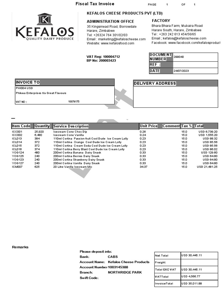 AR Invoice - Draft - 299040 - 20230724 - 102803 | PDF | Ice Cream ...