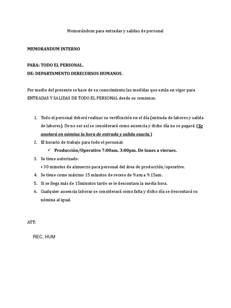 Memorándum para Entradas y Salidas de Personal Signed | PDF