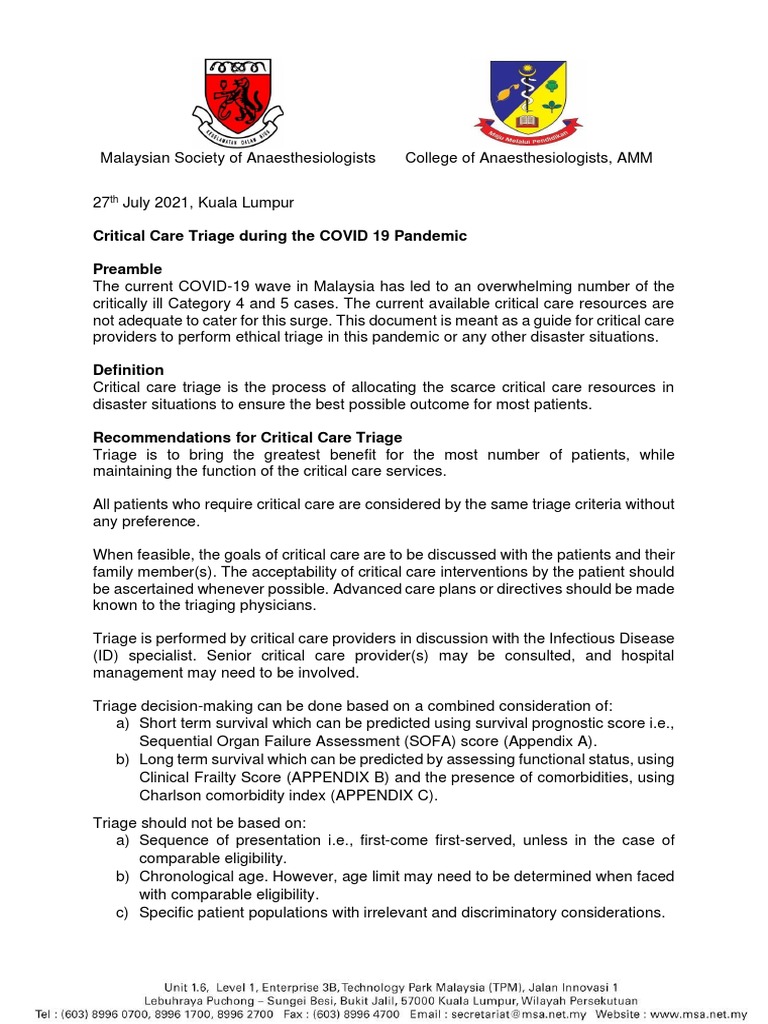 MSA CoA MSIC Joint Statement On Critical Care Triage | PDF | Intensive ...