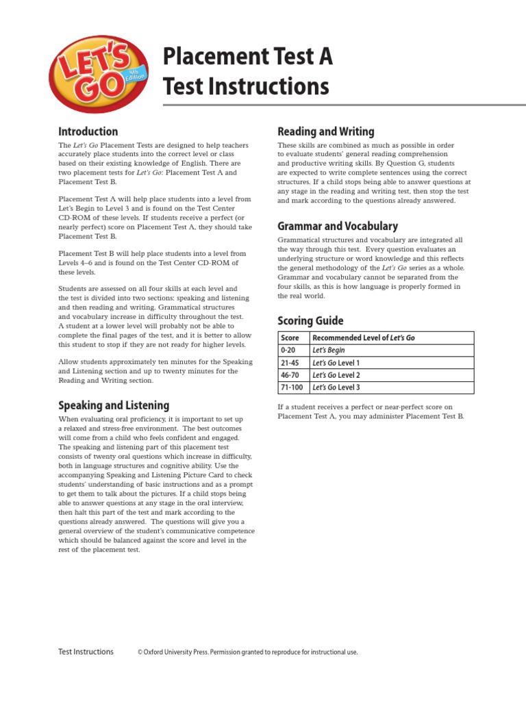 LET'S GO 2 - Placement Test A Instructions | PDF | Question | Vocabulary