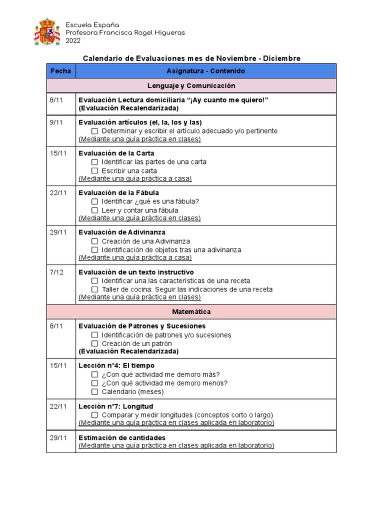 Evaluaciones Mes De Noviembre Pdf Chile Laboratorios