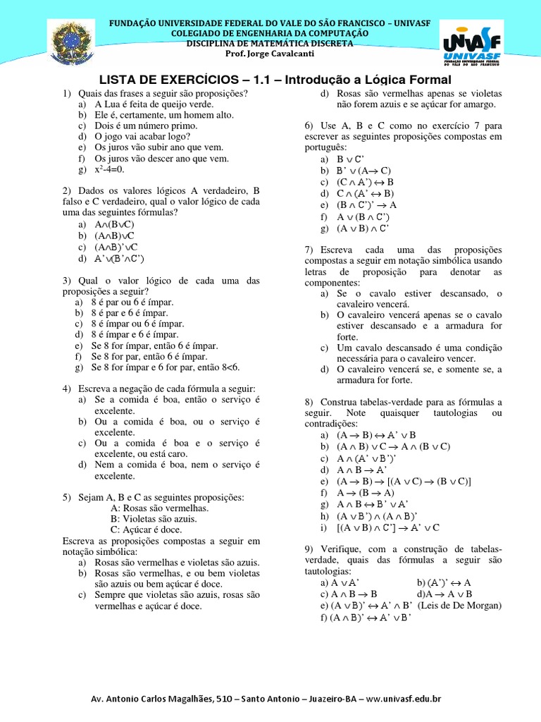 Lista Exercicios 01 Introducao Logica Pdf Lógica Lógica Matemática