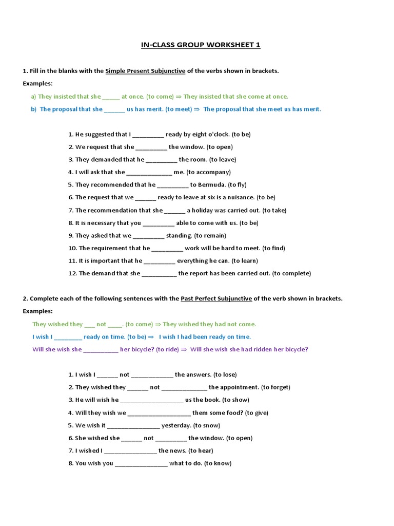 In-class subjunctive worksheet 1 | PDF | Grammatical Conjugation ...