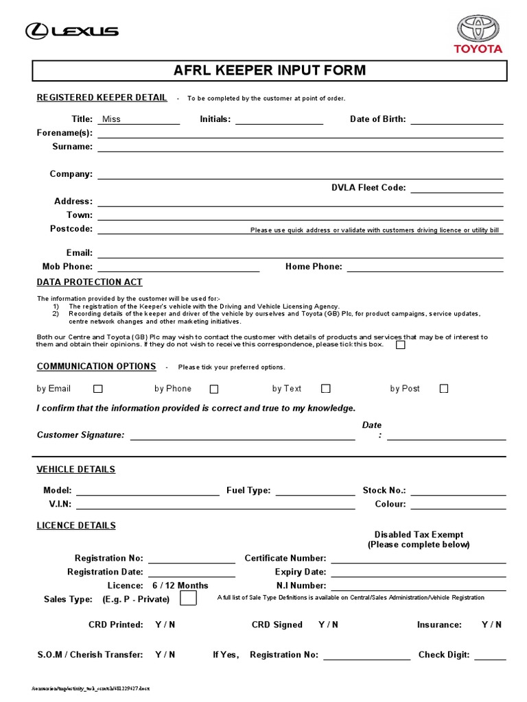 Afrl Keeper Input Form: by Email by Phone by Text by Post | PDF | Vehicles | Transport
