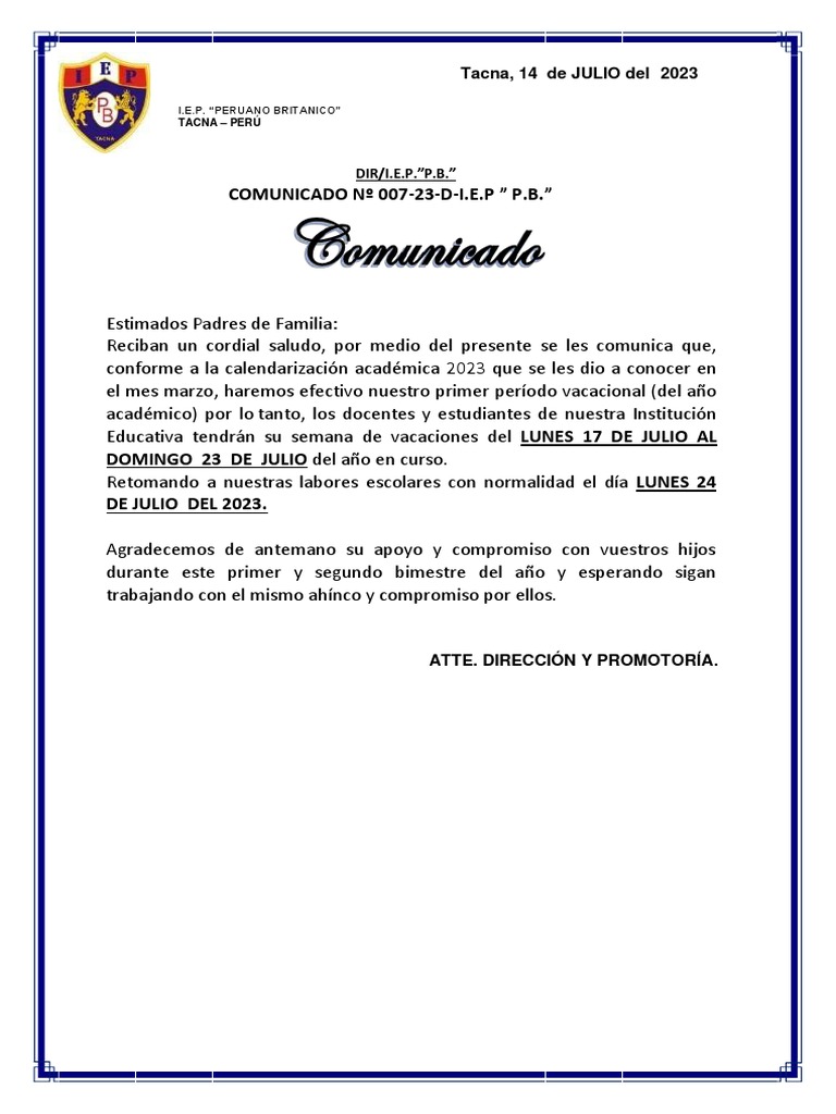 COMUNICADO 1ra - VACACIONES - 2023 | PDF