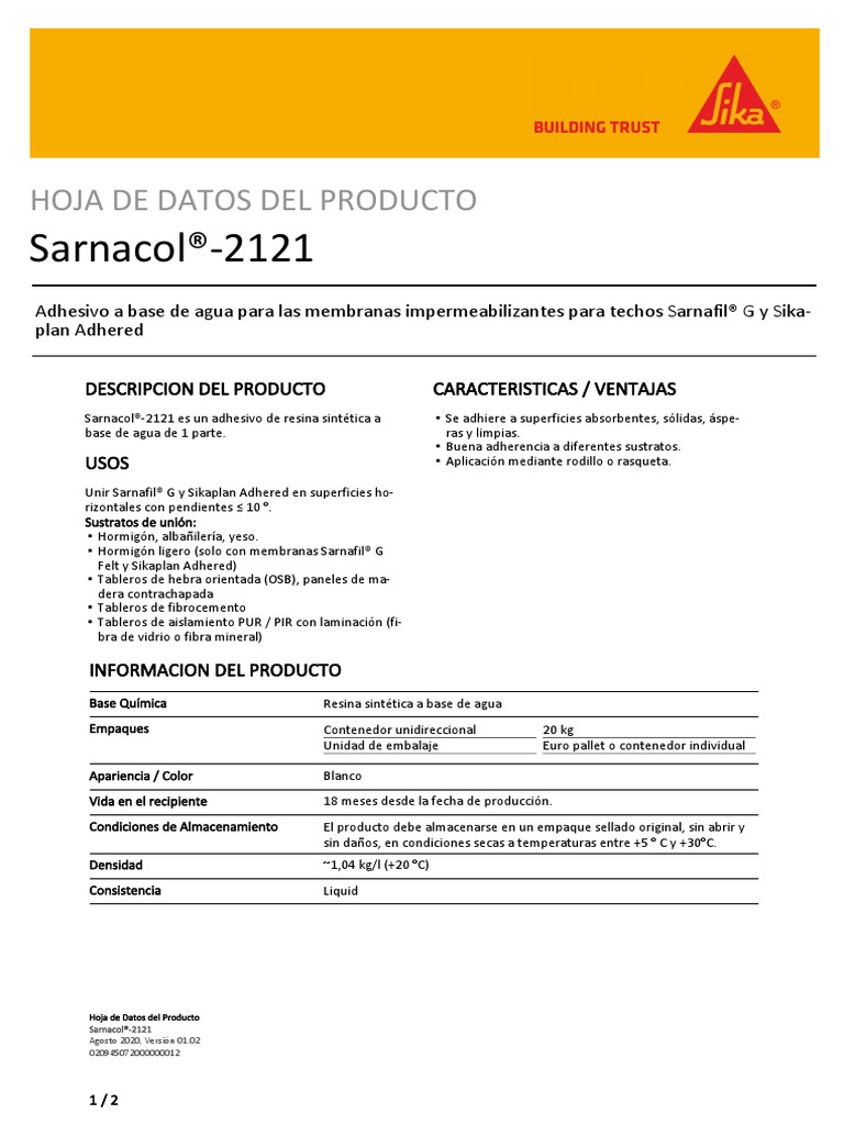 Sarnacol 2121 | PDF | Agua | Adhesivo