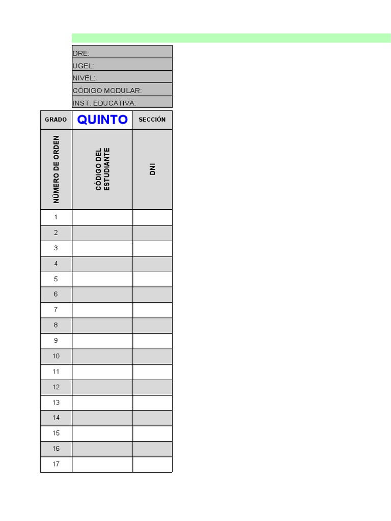 Quinto: Dre: Ugel: Nivel: Código Modular: Inst. Educativa | PDF ...