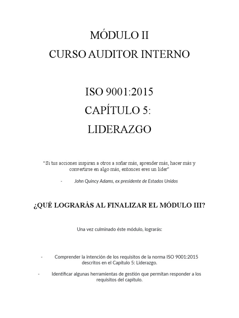 Curso Auditor Interno Modulo 2 Liderazgo | PDF | Calidad (comercial) | Gestión de la calidad