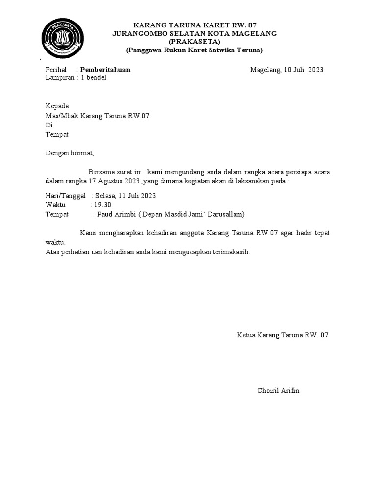 Surat Pemberitahuan Takbir Keliling | PDF