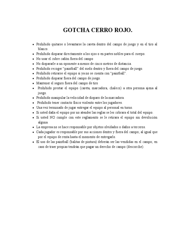 Reglamento Gotcha Cerro Rojo. | PDF
