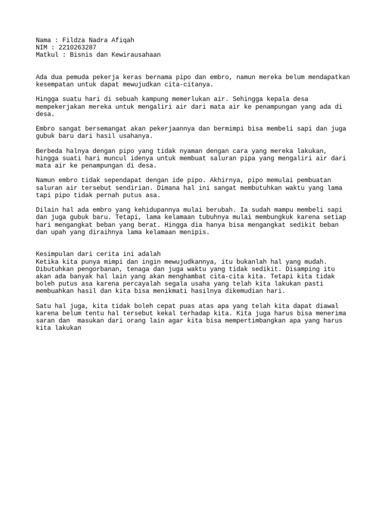 Fildza Nadra Afiqah - 2210263287 - Bisnis Dan Kewirausahaan | PDF ...