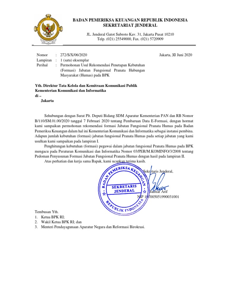 Contoh Surat Pengajuan Usulan Formasi Jabatan Fungsional | PDF