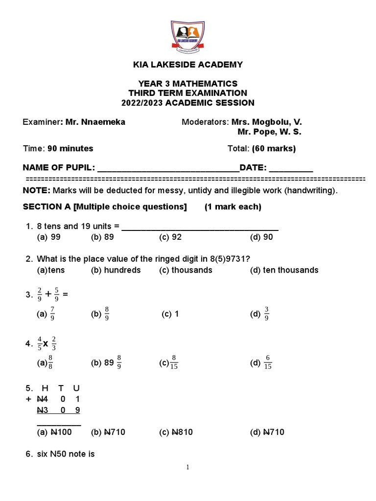 Maths Yr 3 Term 3 Exam | PDF | Elementary Mathematics | Mathematics