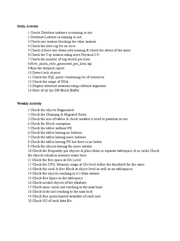 Checklist DBA | PDF | Databases | Database Index Checklist DBA | PDF | Databases | Database Index