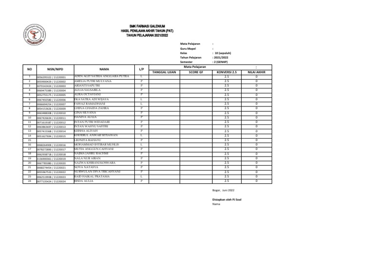 Nilai PAT Mapel - KLS 10 | PDF