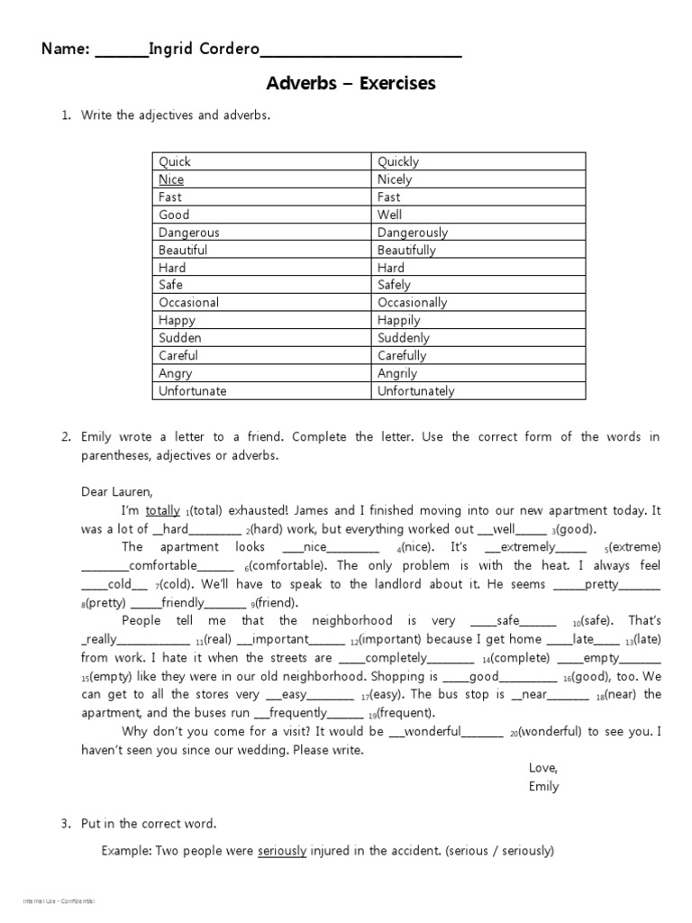 Adverbs (Manners and Modifiers) - Exercises ING COR | PDF | Adverb ...