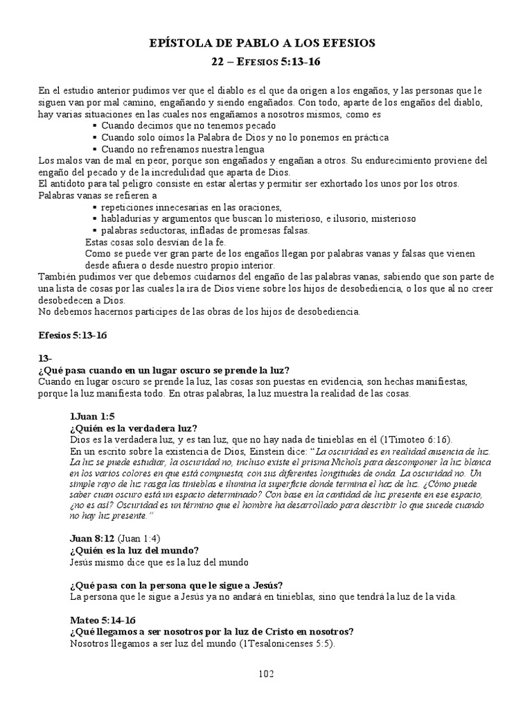 Epístola De Pablo A Los Efesios 22 Efesios 5 13 16 Pdf Cristo