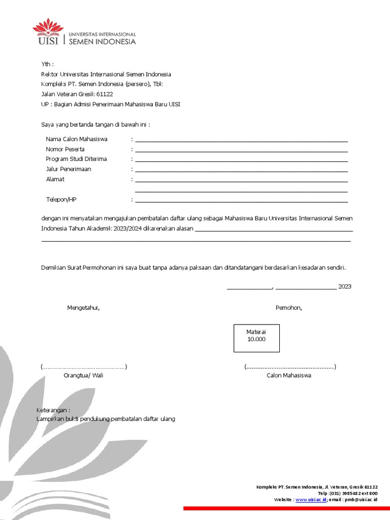 Pembatalan Daftar Ulang Mahasiswa UISI | PDF