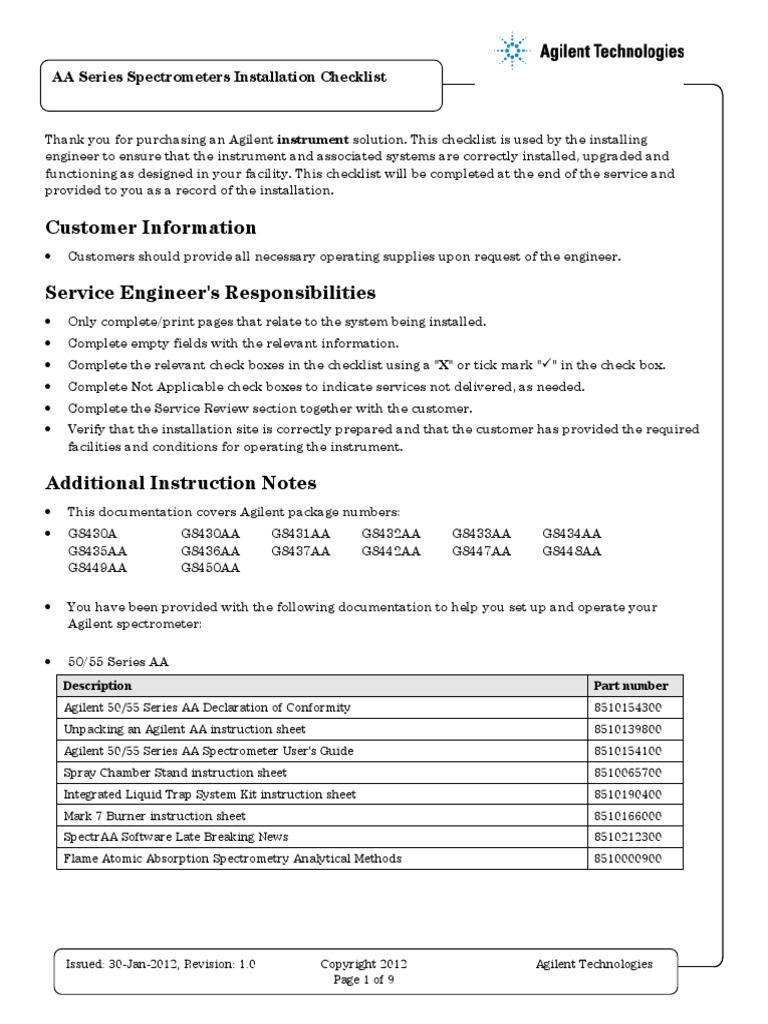 AA Series Spectrometers Installation Checklist | PDF | Software | Atomic Absorption Spectroscopy