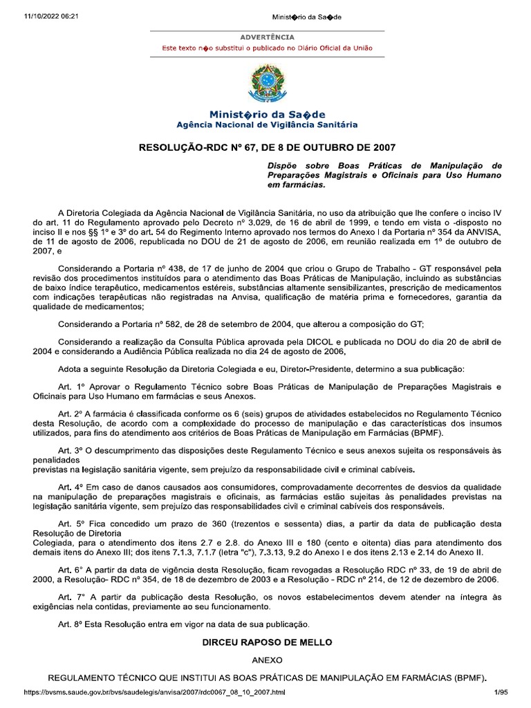 RDC 67-07 BOAS PRATICAS DE MANIPULAÇÃO | PDF