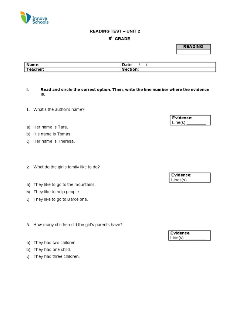 5th Grade - U2 - Week 2 - Day 1 - Reading Test | PDF | Social Science ...