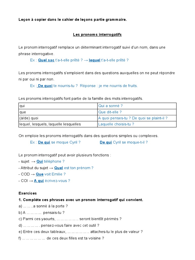 Les Pronoms Interrogatifs en Français | PDF | Pronom | Syntaxe