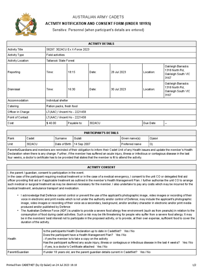 TG21 Consent Form for Cadet Activity | PDF | Medical Specialties ...
