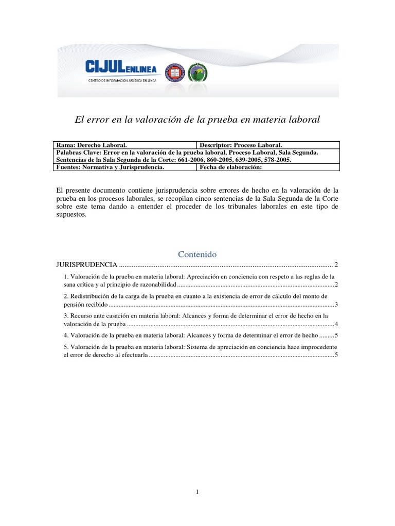 El Error en La Valoracion de La Prueba en Materia Laboral | Descargar gratis PDF | Evidencia ...