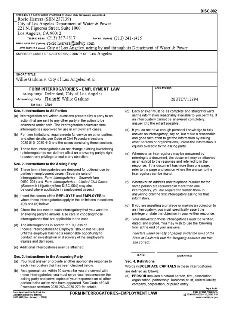 Form Interrogatories Employment Law 042221 | PDF