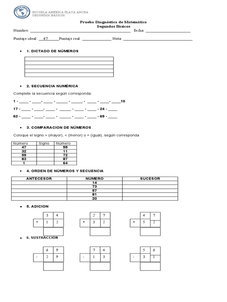 PRUEBA DE DIAGNOSTICa MATEMATICA SEGUNDO BASICO | PDF