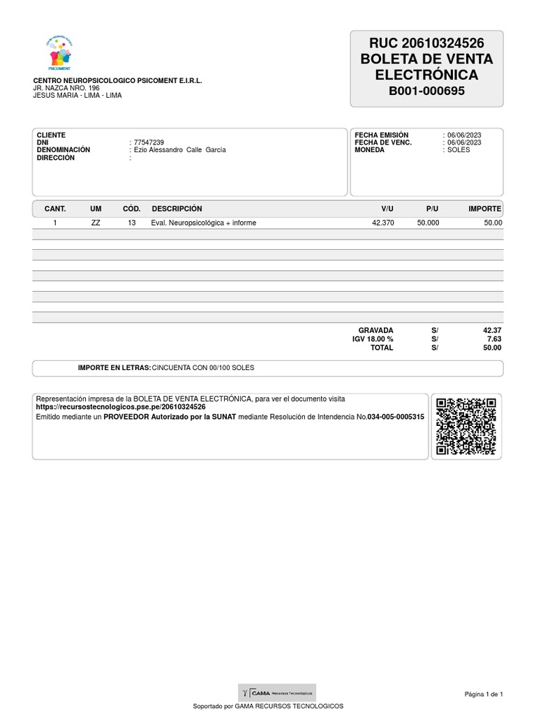 PDF Boleta de Venta Electrónica B001-695 | PDF