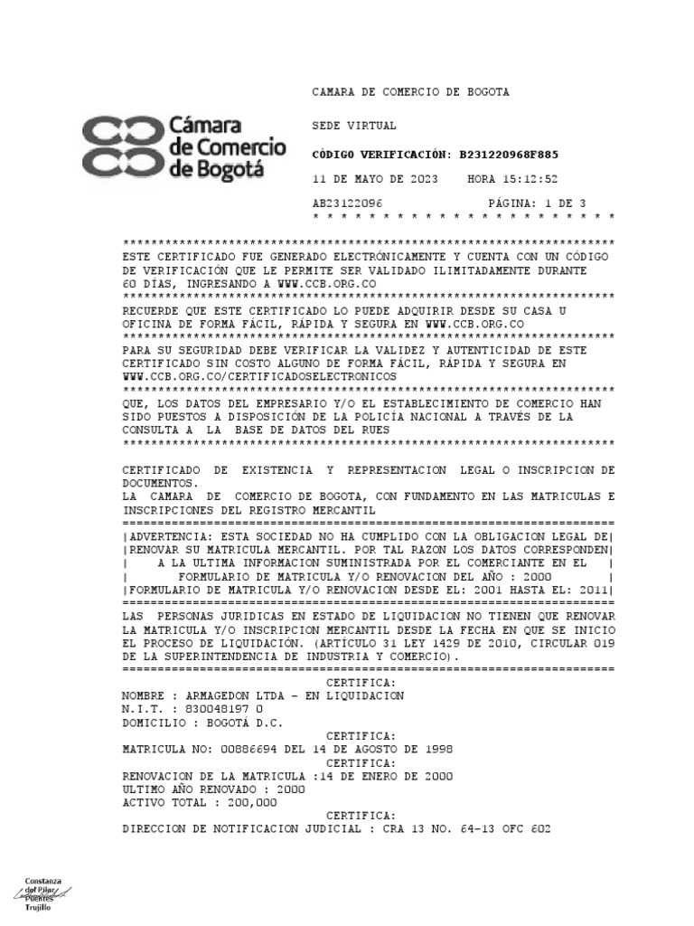 Existencia y Representacion Legal o Inscripcion de Documentos Registro ...
