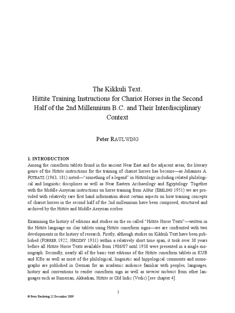 The Kikkuli Text. Hittite Training Instructions For Chariot Horses in ...